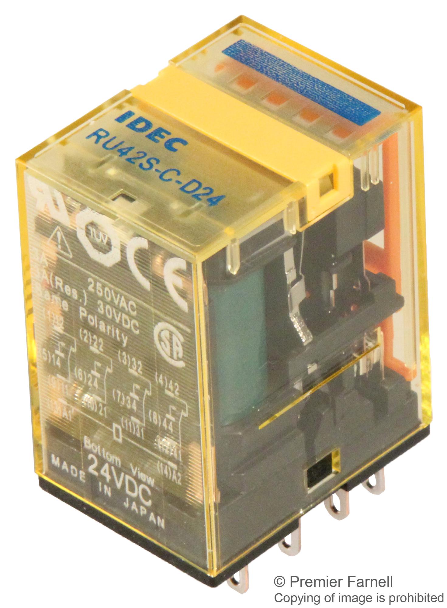 RU42S-C-D24 Idec, Power Relay, 4PDT, 24 VDC