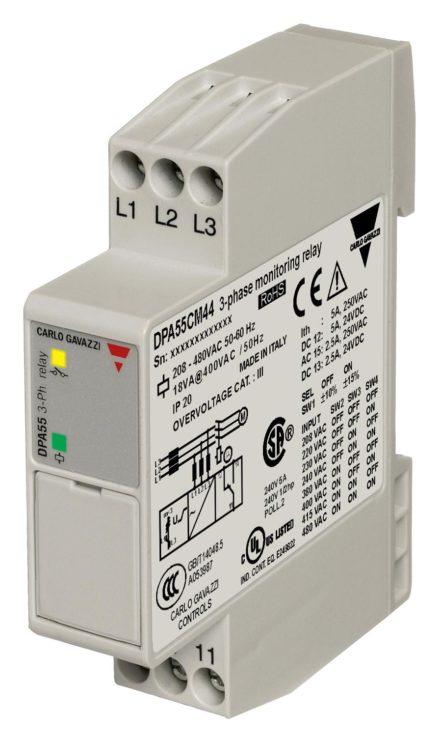 DPA55CM44 Carlo Gavazzi, Phase Monitoring Relay, DPA55 Series, SPDT